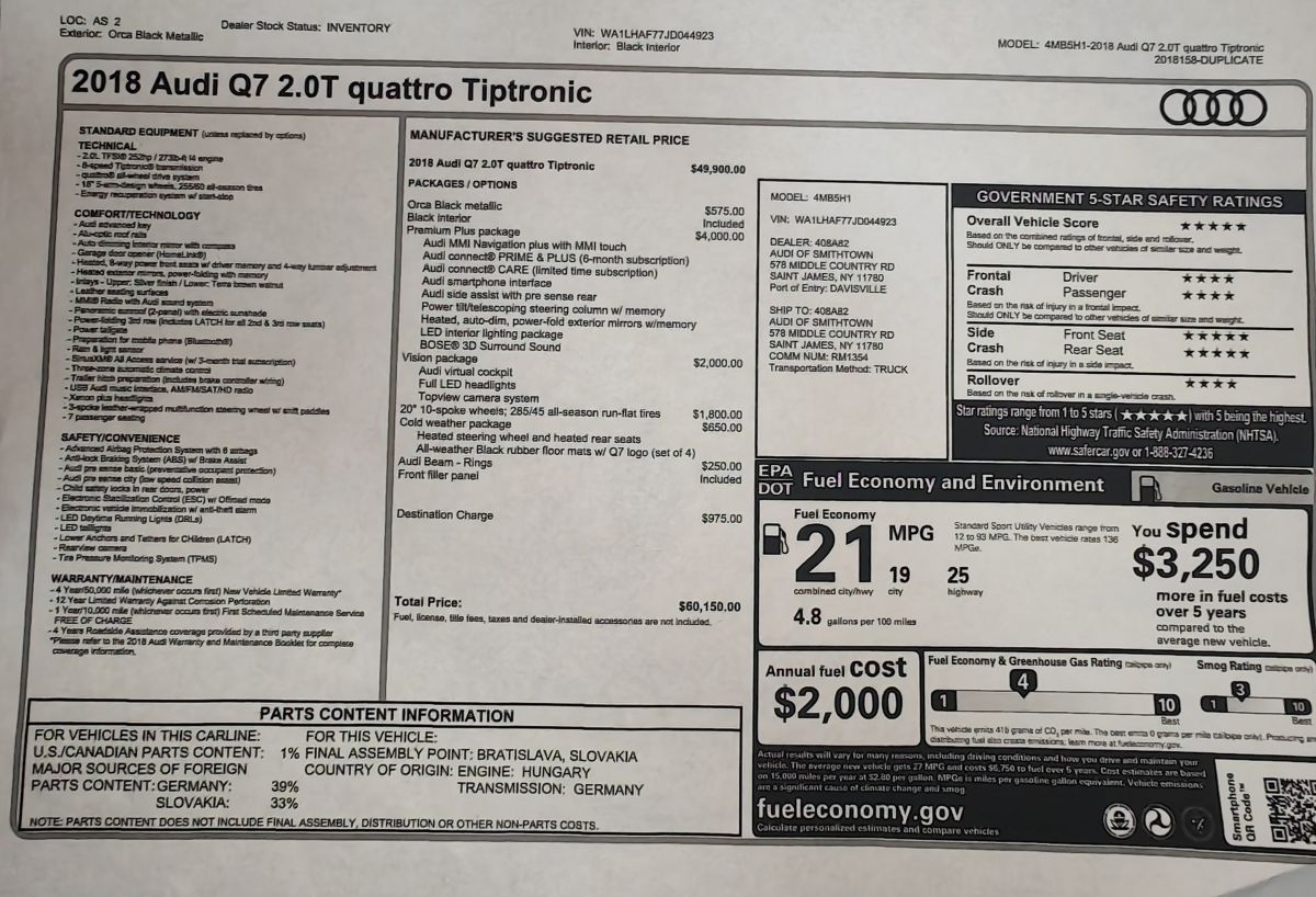 Audi Q7 2018 2.0T Quattro Premium Plus essence automatique à Djibouti